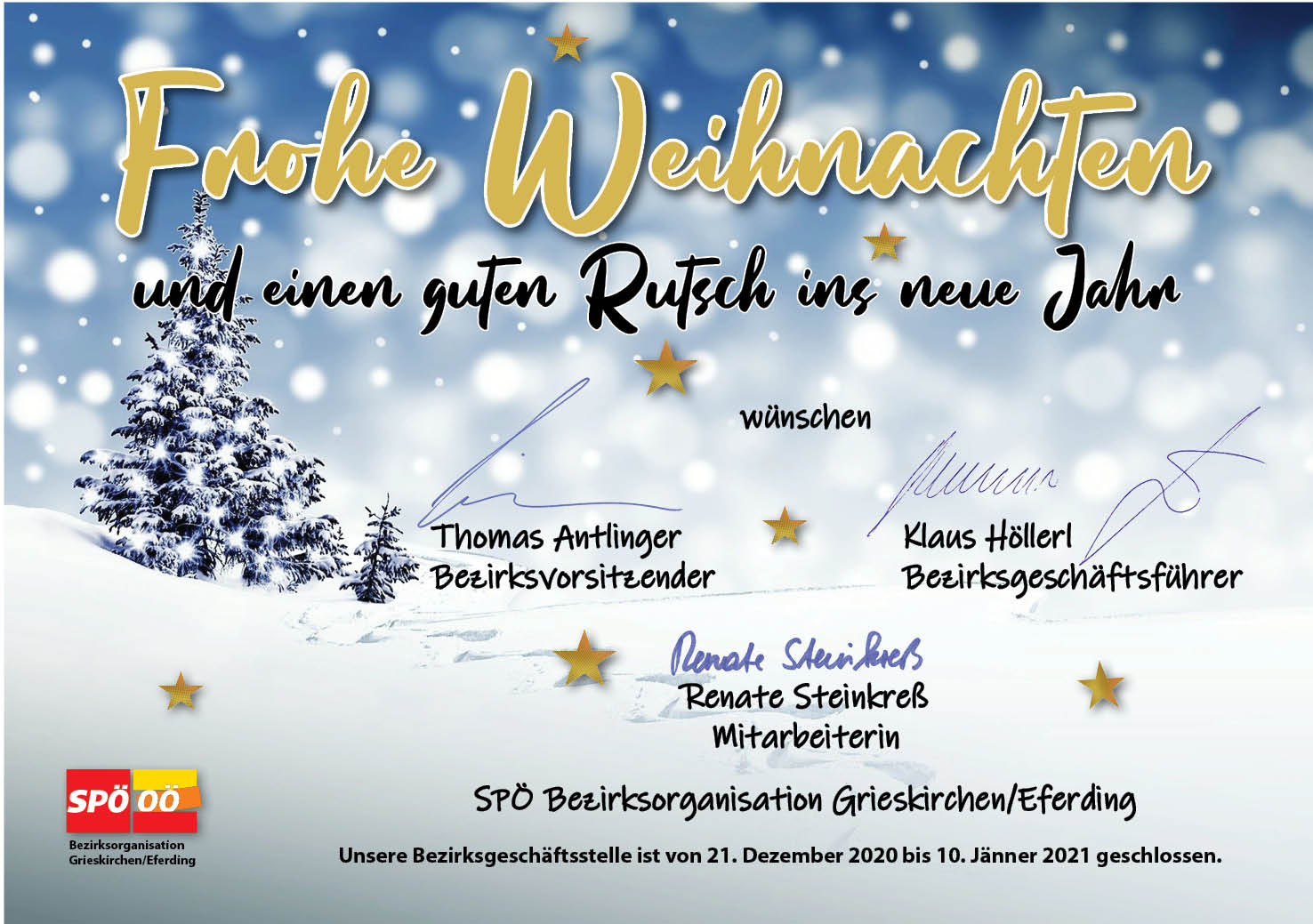 Frohe Weihnachten und einen guten Rutsch ins Jahr 2021 wünscht die SPÖ ...